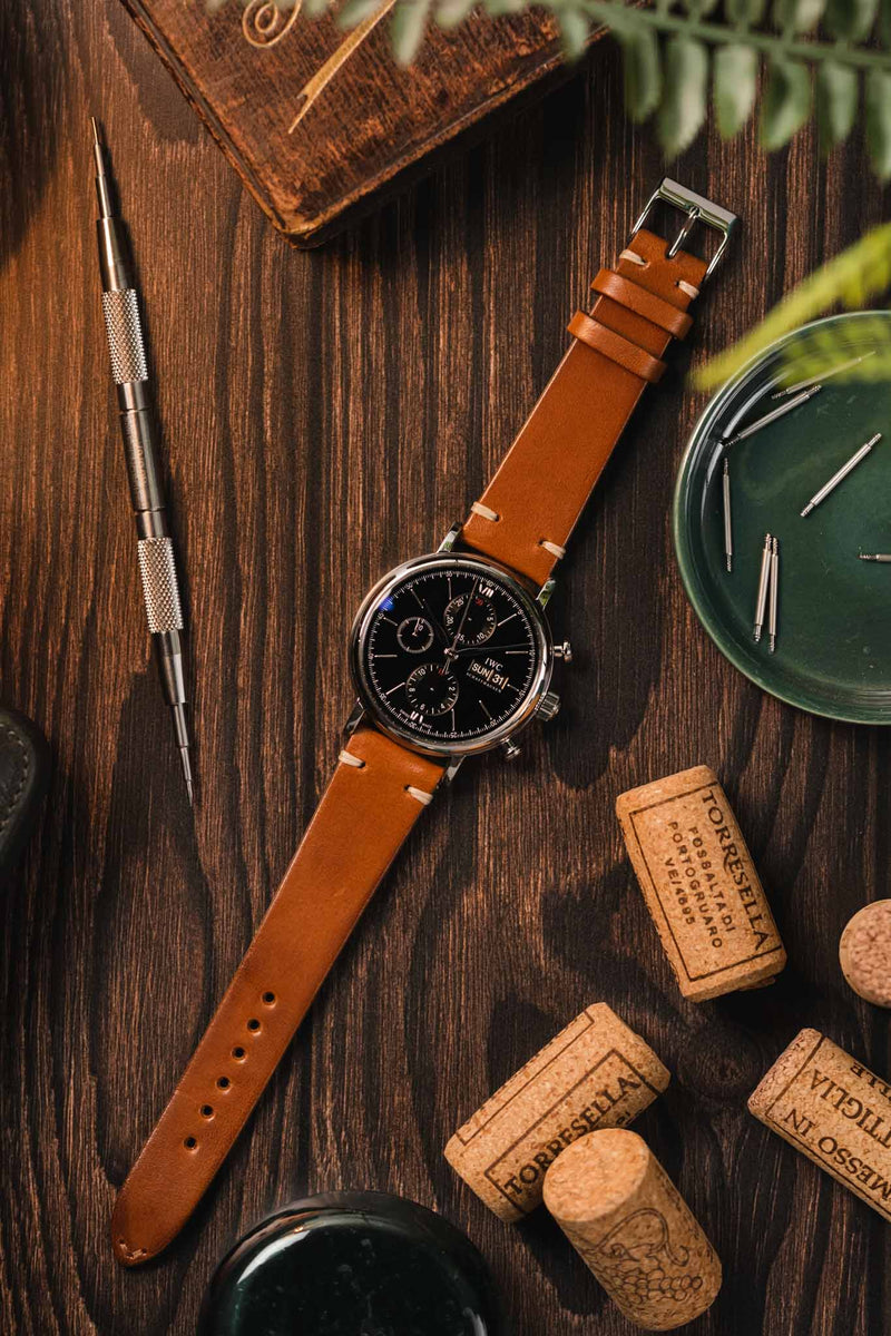 JPM Italian Vintage Leather Watch Strap in GOLD BROWN | WatchObsession
