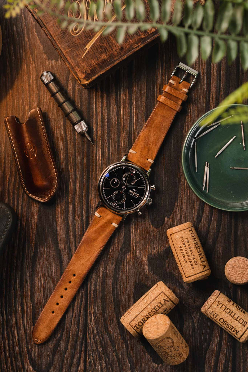 JPM Italian Vintage Leather Watch Strap in MID BROWN | WatchObsession