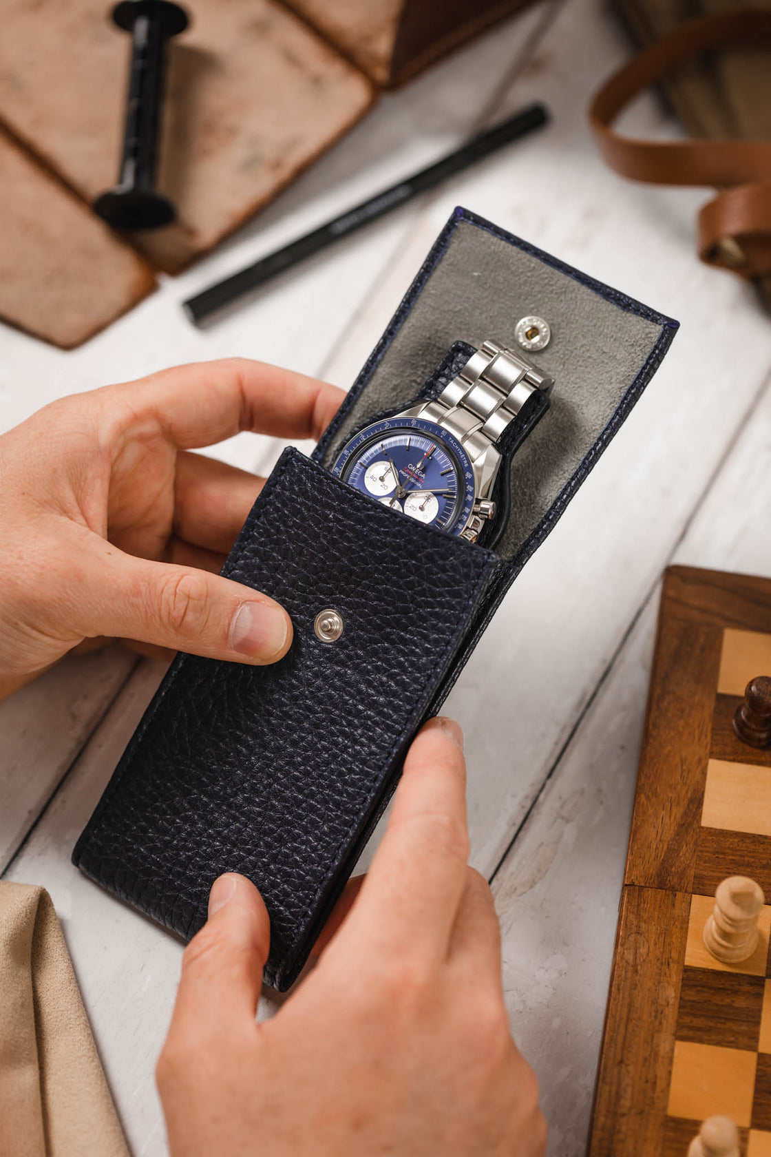 Single Watch | Blue Luxe Leather Watch Pouch by JPM – Watch Obsession