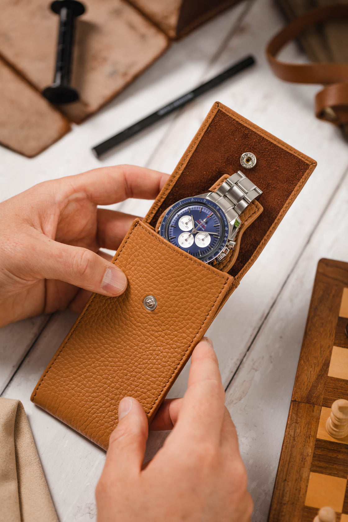 Single Watch | Camel Luxe Leather Watch Pouch by JPM – Watch Obsession