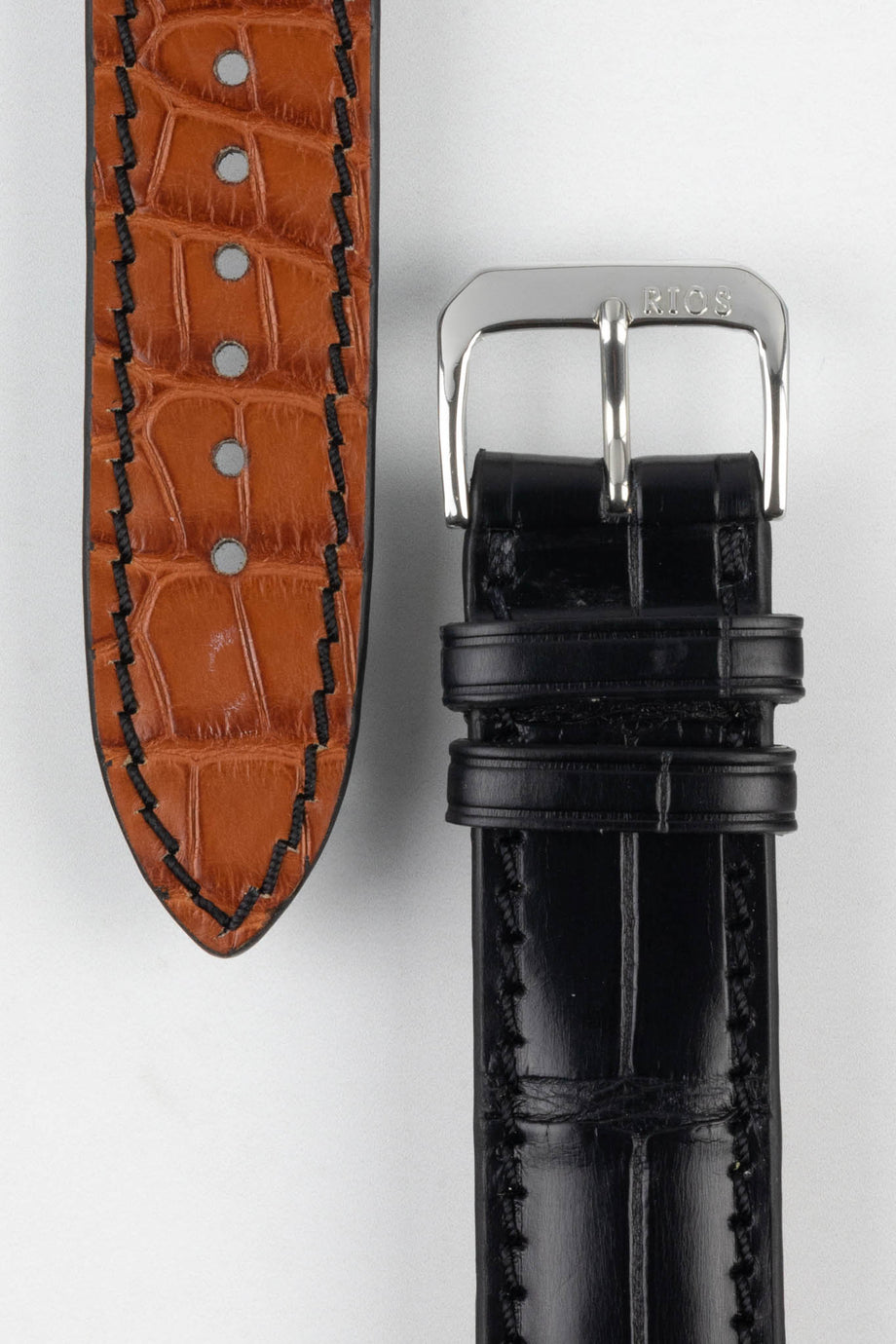 RIOS1931 MONARCH Genuine Alligator Round-Padding Watch Strap in BLACK ...