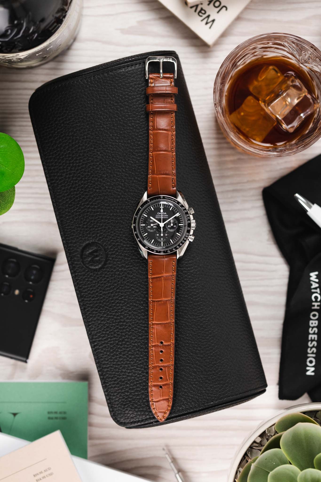 RIOS1931 MONARCH Genuine Alligator Round-Padded Watch Strap - MAHOGANY