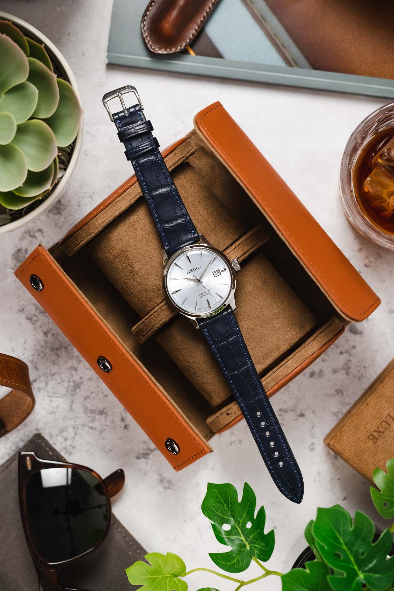 RIOS1931 SENATOR Genuine Alligator Padded Watch Strap in OCEAN BLUE